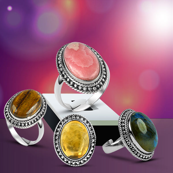 Natural Adjustable Gemstone Silver Ring for Unisex
